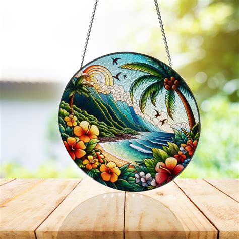 Hawaiian Landscape Stained Glass Window Hanging Hawaiian Suncatcher