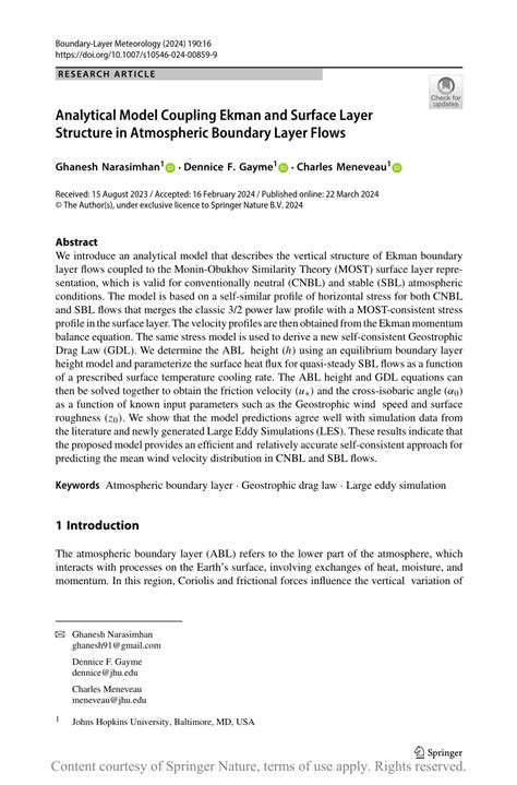 Analytical Model Coupling Ekman And Surface Layer Structure In Atmospheric Boundary Layer Flows
