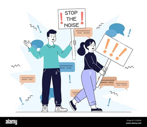 Stop Noise Rally Man And Woman With Posters And Placards Peaceful