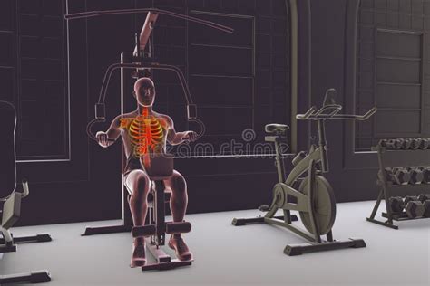 Man With Highlighted Skeleton Training On Hammer Strength Macine Anatomical 3d Illustration