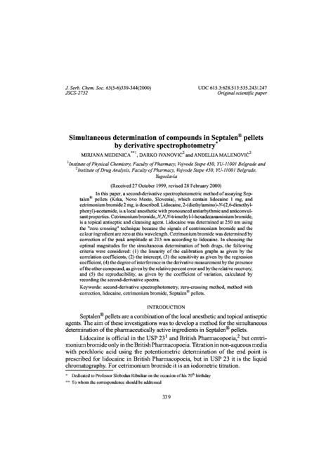 Pdf Simultaneous Determination Of Compounds In Septalen® Pellets By Derivative