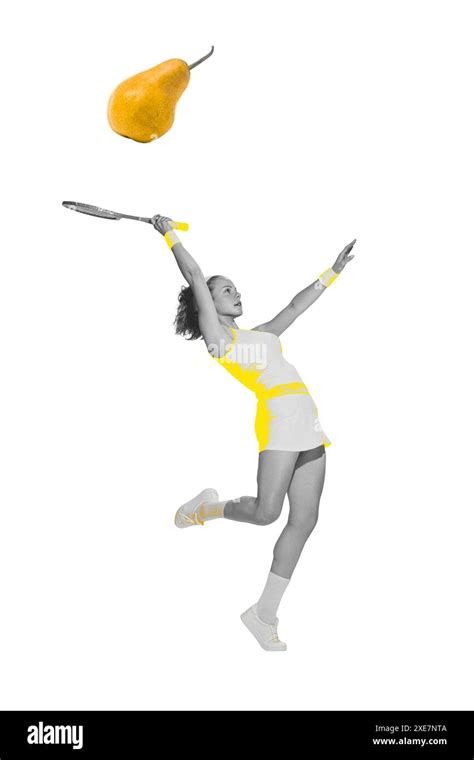 Poster Contemporary Art Collage Young Athletic Woman Hitting Pear