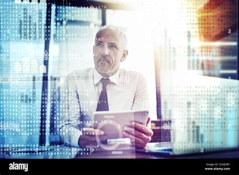 businessman tablet and overlay of data in office for program testing