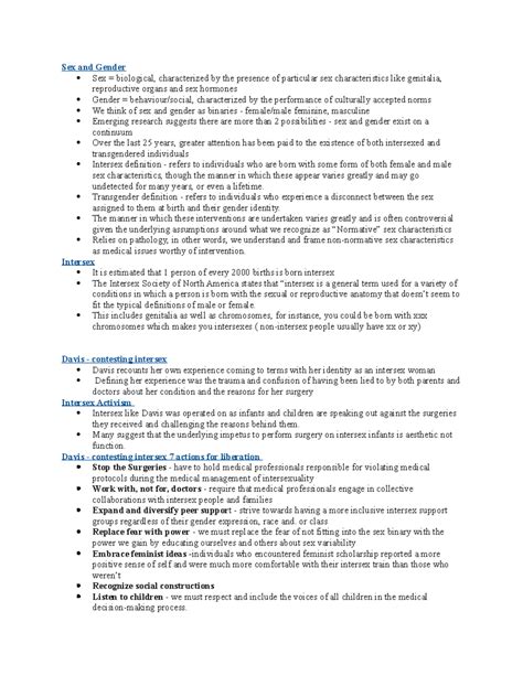 Wome 1100 Reading Notes And Key Terms Sex And Gender Sex Biological Characterized By The