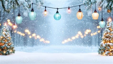 Christmas Background With Snow Covered Fir Trees And Hanging