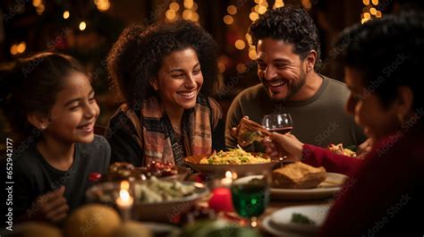 Familias Latinas Cenando En Casa Disfrutando De La Cena Navideña En