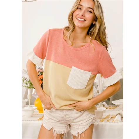 Bibi Tops The Harper Mangocoral Color Block Ruffle Sleeve Top