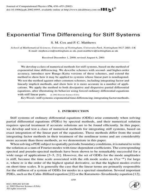 Cox Matthews Jcp 2002 Exponential Time Differencing For Stiff Systems Pdf Partial