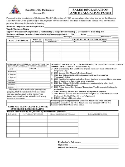 Sales Declaration And Evaluation Form Pdf Tax Return United States