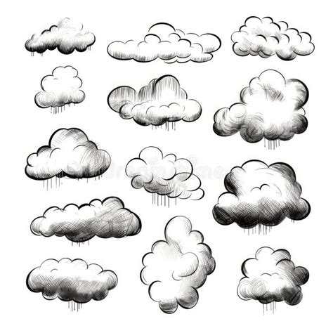 Hand Drawn Sketchy Cloud Collection Isolated On White Sketched Black Pencil Clouds Outline