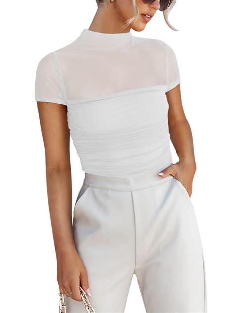 Reoria Womens Summer Sexy Mock Turtle Neck Short Sleeve Slimming