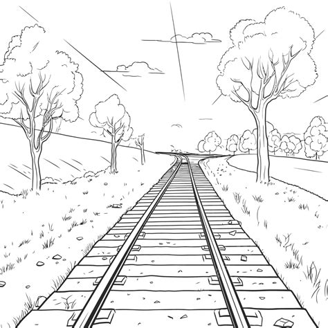 Railroad Tracks Coloring Pages Drawing Outline Sketch Vector Road
