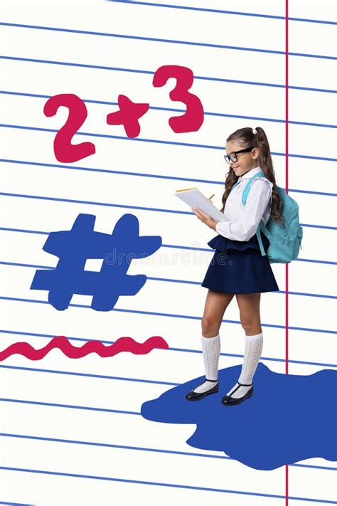 Trendy Poster Art Collage Of Happy Schoolgirl Hold Notepad Pencil Write