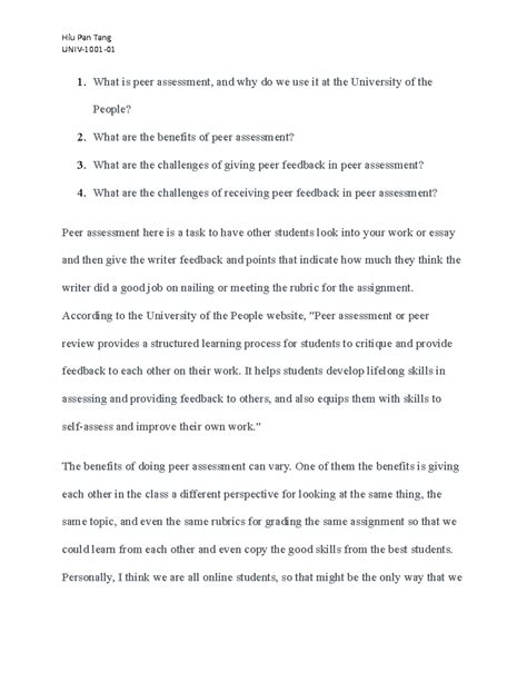 Peer Assessment Peer Review Assignment Hiu Pan Tanguniv 1001 What Is Peer Assessment And
