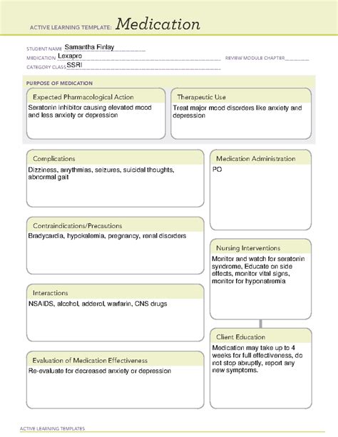 Lexapro Med Template Active Learning Templates Medication Student