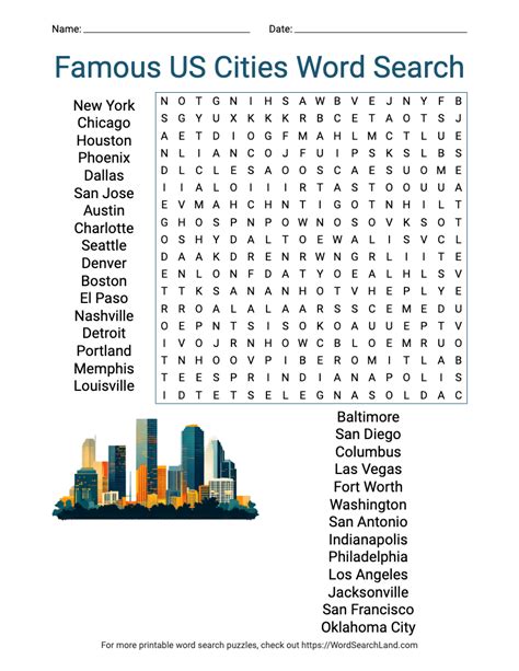 Printable Famous Us Cities Word Search Pdf And Png Word Search Land