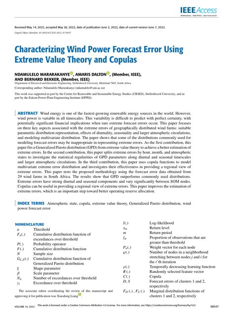 PDF Characterizing Wind Power Forecast Error Using Extreme Value Theory And Copulas