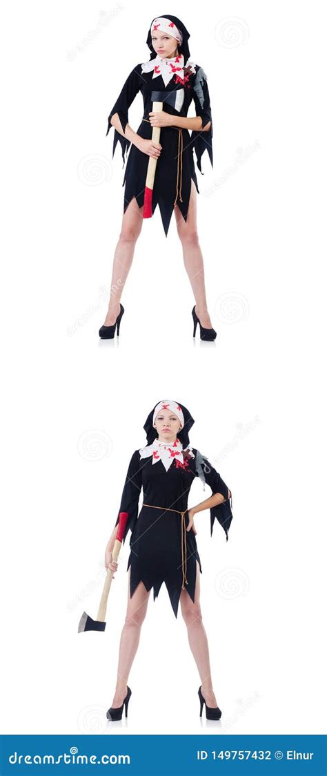 Junge Schne Nonne Mit Dem Beil Lokalisiert Auf Wei Stockfoto Bild