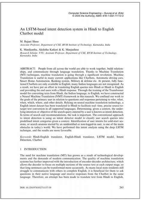 Pdf An Lstm Based Intent Detection System In Hindi To English Chatbot Model