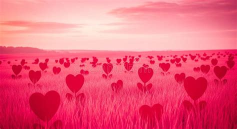A Surreal Landscape With Heart Shaped Plants Scattered Across A Vast