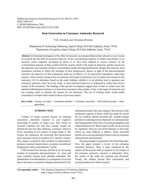 Pdf Item Generation In Consumer Animosity Research