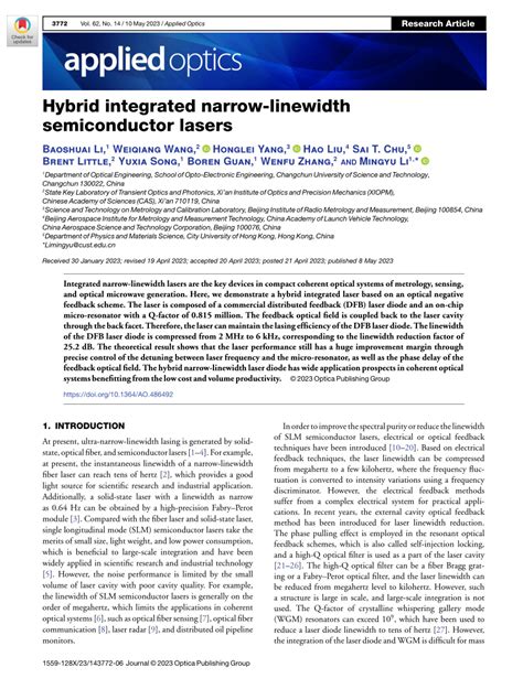 Hybrid Integrated Narrow Linewidth Semiconductor Lasers Request Pdf
