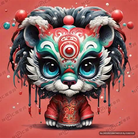Ai创作图舞狮 狮头 炫彩 喷墨 中国风 喜庆 过年气息 大红色 梦幻 完整 可爱 大眼睛 新年 昵图网
