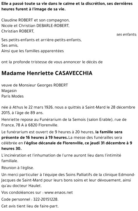 Avis De Décès De Henriette Casavecchia Décédé Le 28 12 2015 à Saint Mard Annonce Condoléances