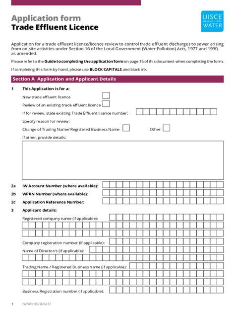 Trade Effluent Licence Application Blank Fillable Template Fill Out