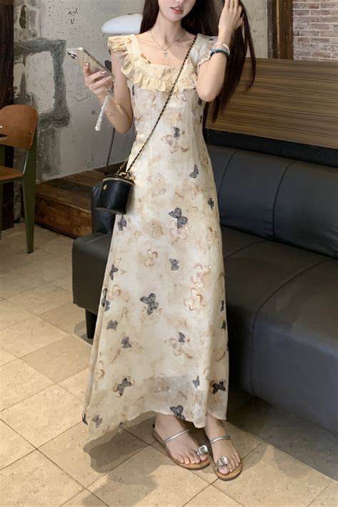 깔센 베르나 나비 프린팅 프릴 스퀘어넥 A라인 민소매 쉬폰 롱 원피스