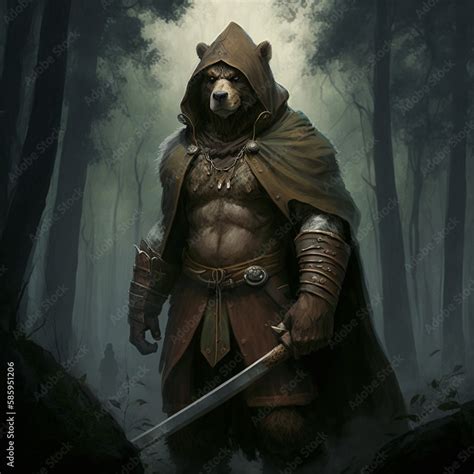 Stock Illustration „worn Down Outlander Muscular In The Forest Fighter Pose Scarred Wearing