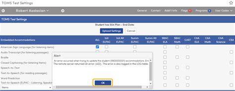 toms test settings aeries software