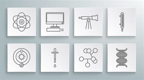 라인 태양계 키보드와 마우스가 있는 컴퓨터 모니터 피펫 분자 Dna 기호 망원경 기상학 온도계 측정 및 원자 아이콘을 설정합니다 벡터 아이콘에 대한 스톡 벡터 아트 및 기타