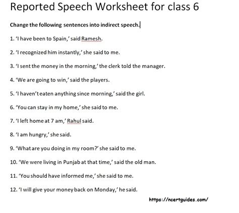 Direct And Indirect Speech Worksheet For Class 6 Ncert Guidescom