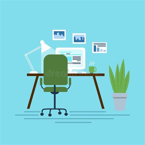 Workplace With Computer Monitor On The Table Table Lamp Cup Of Coffee