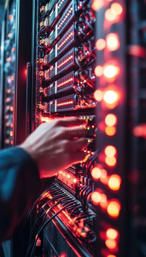 Technician Adjusting Server Cables With Active Data Transfer Lights In
