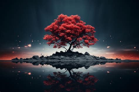 Premium AI Image A Red Tree Sits On Top Of A Rock In The Middle Of The Ocean