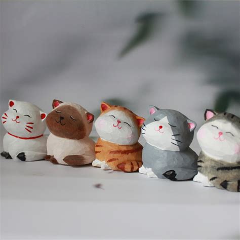 Handmade Cat Lover Wooden Pussy Handcraft Healing Animal Art Carving
