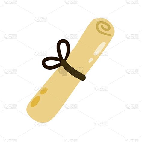 滚动。羊皮纸上的古代手稿或文献。带有弓的复古对象。平面卡通插图孤立在白色背景。扭曲纸素材 花瓣网