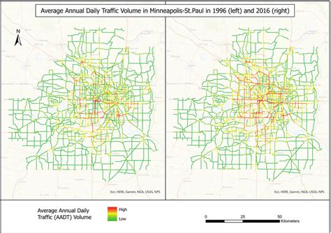 Two Dimensional Plot Of The Aadt Traffic Volume In 1996 On The Left Download Scientific Diagram