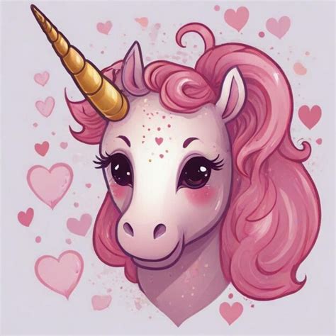 A Unicorn With Pink Hair And Pink Ears Is Surrounded By Hearts
