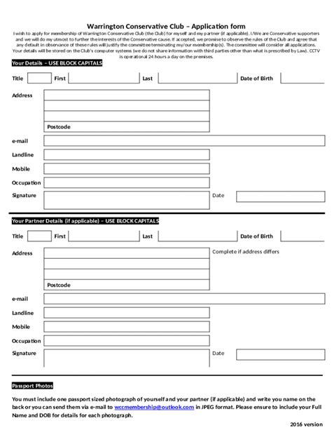 Warrington Conservative Club Application Doc Template Pdffiller