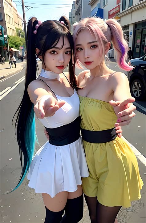 Two Women In Short Dresses Posing For A Picture On A City Street