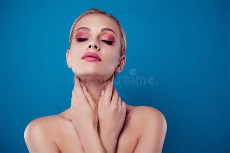 Photo Of Stunning Young Woman Touch Soft Skin Neck Sensual Model Closed