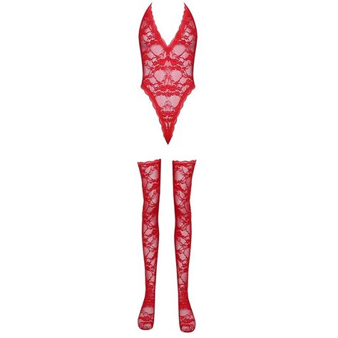 Sexy Lace Two Piece Halter Neck Teddy With Stocking
