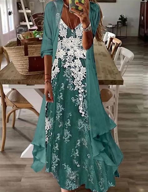 Floral Print Two Piece Dress Set Solid Long Sleeve Cardigan And V Neck
