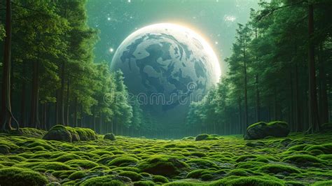 Alien Planet Landscape With Glowing Moon And Green Mosses In The River