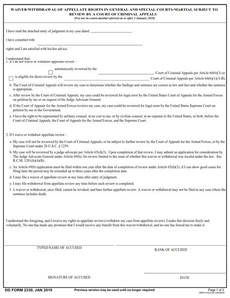 Dd Form 2330 Waiverwithdrawal Of Appellate Rights In General And
