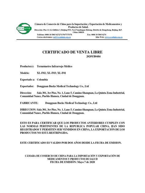 Certificado De Libre Venta Para Exportación Pdf Negocios
