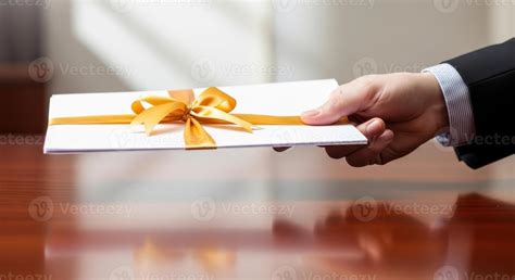 Hand Presenting Formal Document Or Award Certificate With Golden Ribbon